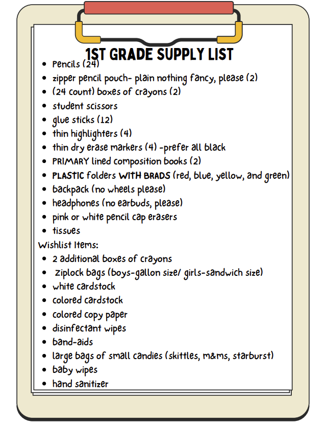 First grade supply list – Tara Bradley – Buchanan Elementary School
