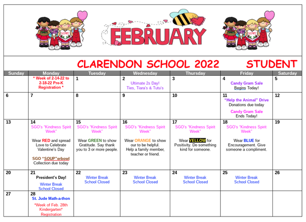 February 2022 Calendar | Clarendon Elementary School