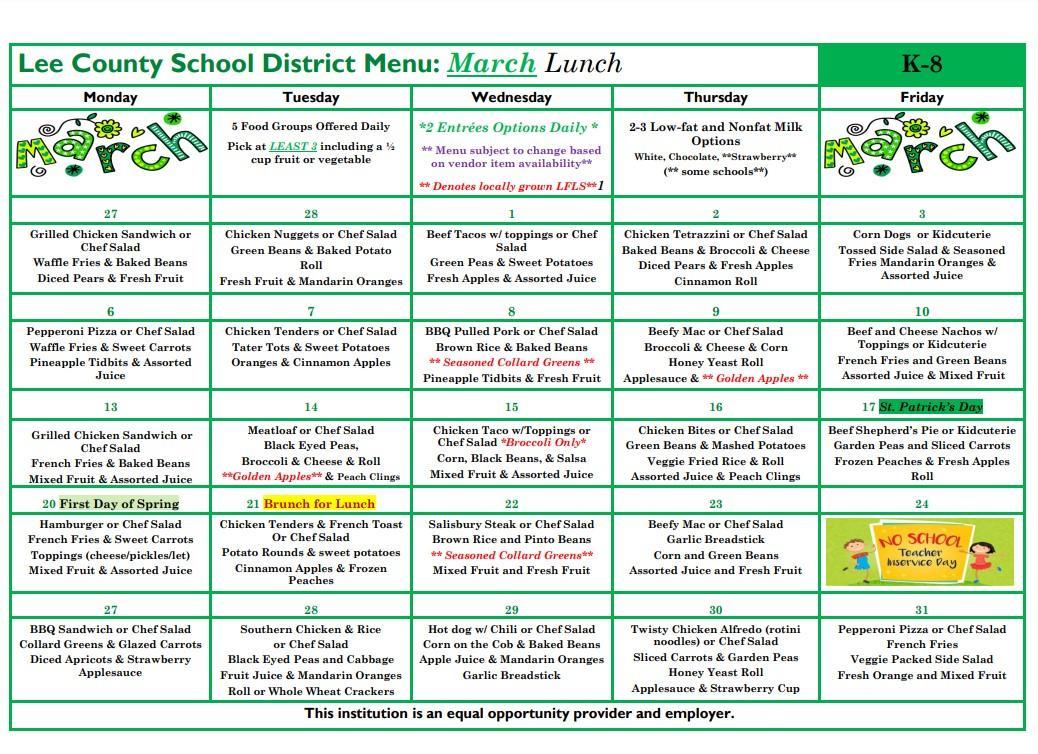 Menus – Child Nutrition and Food Service – Lee County School District