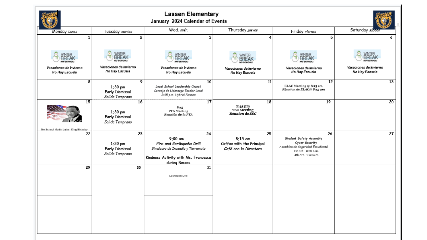Monthly Calendar – School Events – Lassen Elementary