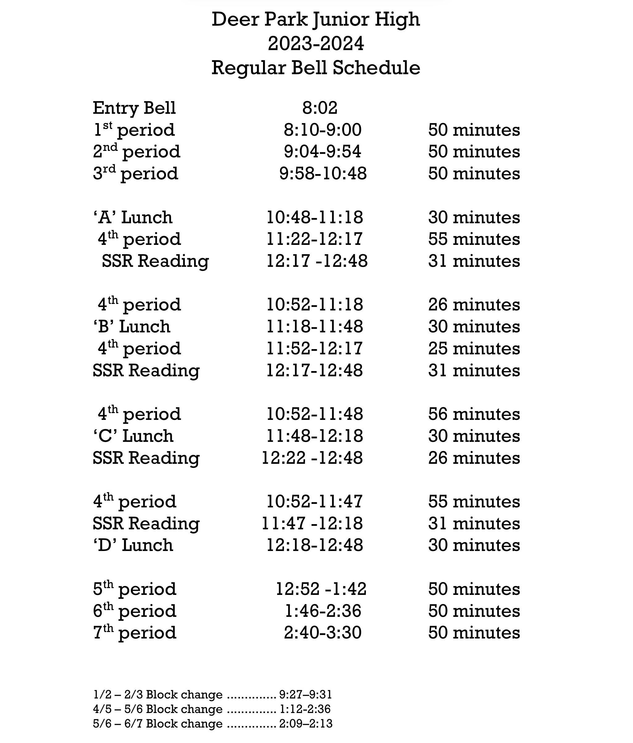 Schedule – Trina Abbott – Deer Park Junior High