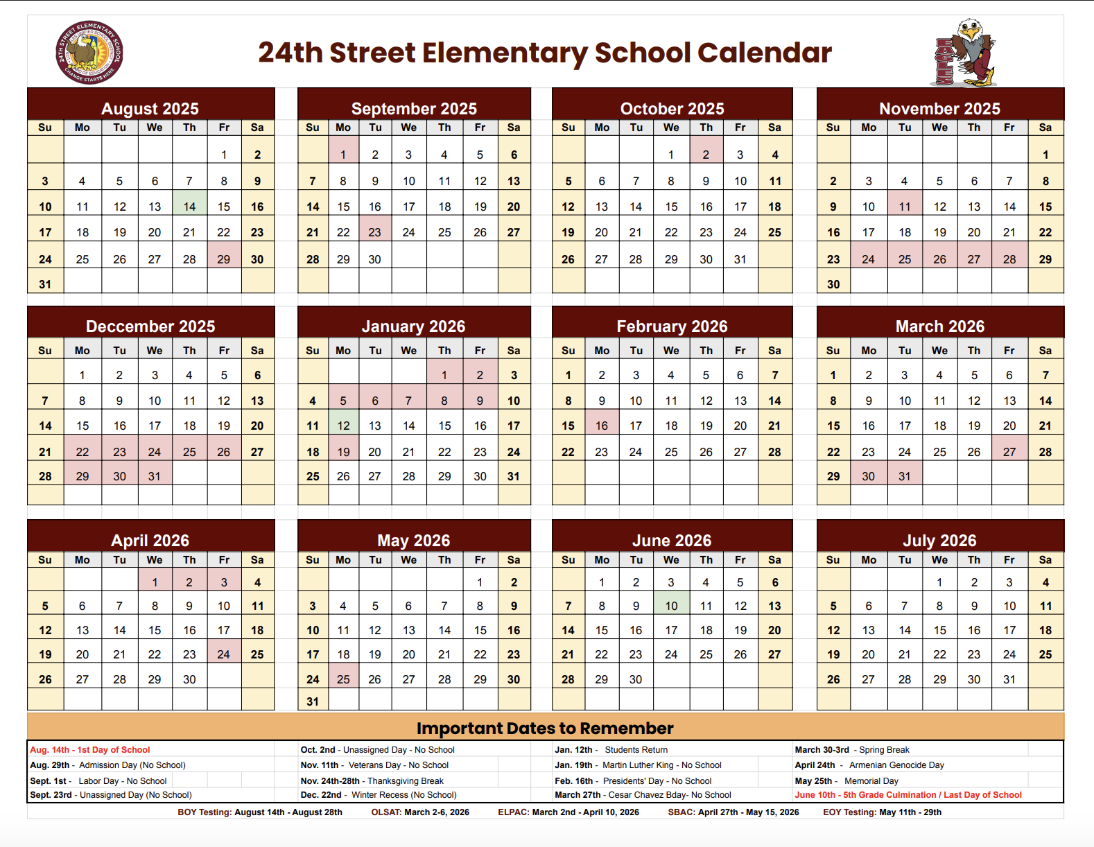 Calendar – School Information – 24th Street Elementary School