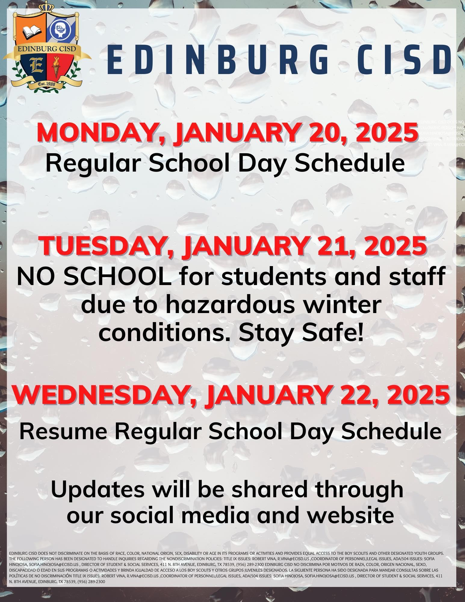 Classes Cancelled Tuesday Jan. 21 For All Students and Staff – Banner ...