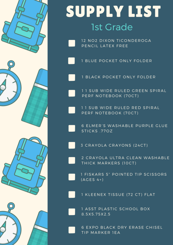 1st Grade School Supply List – Mrs. Jennifer Goodson – Fairmont Elementary