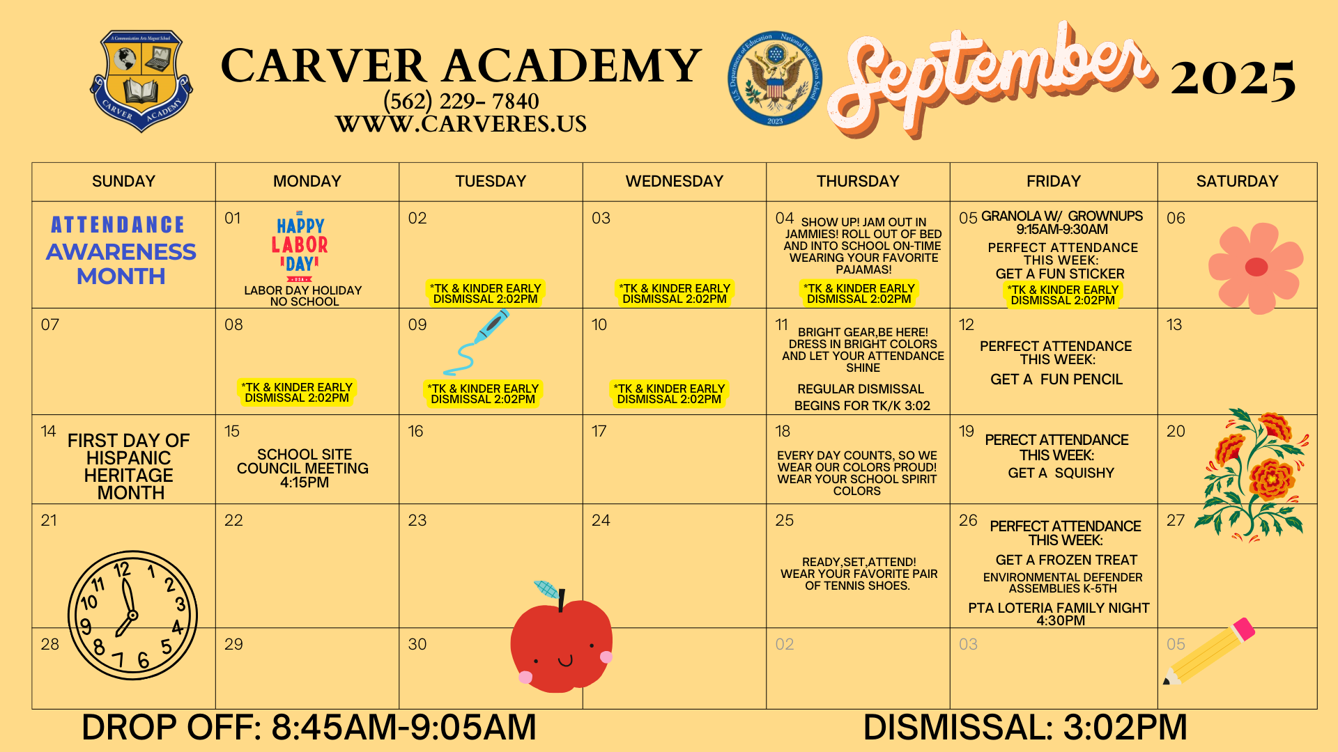 September Calendar – Monthly Calendar – Carver Academy