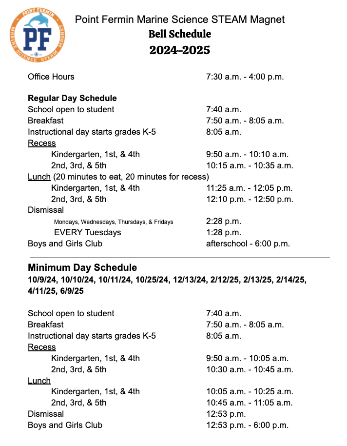 Bell Schedule – Resources – Point Fermin Elementary Marine Science Magnet