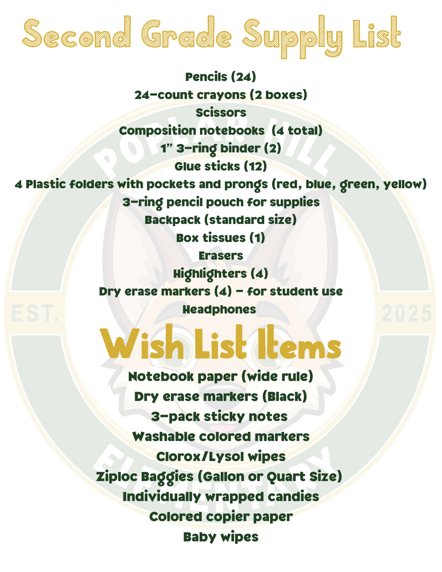 2025-2026 School Supplies – Parents – Poplar Hill Elementary School