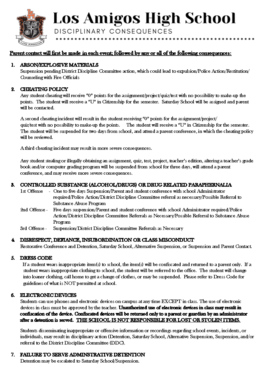 Disciplinary Consequences – School Policies – Los Amigos High School