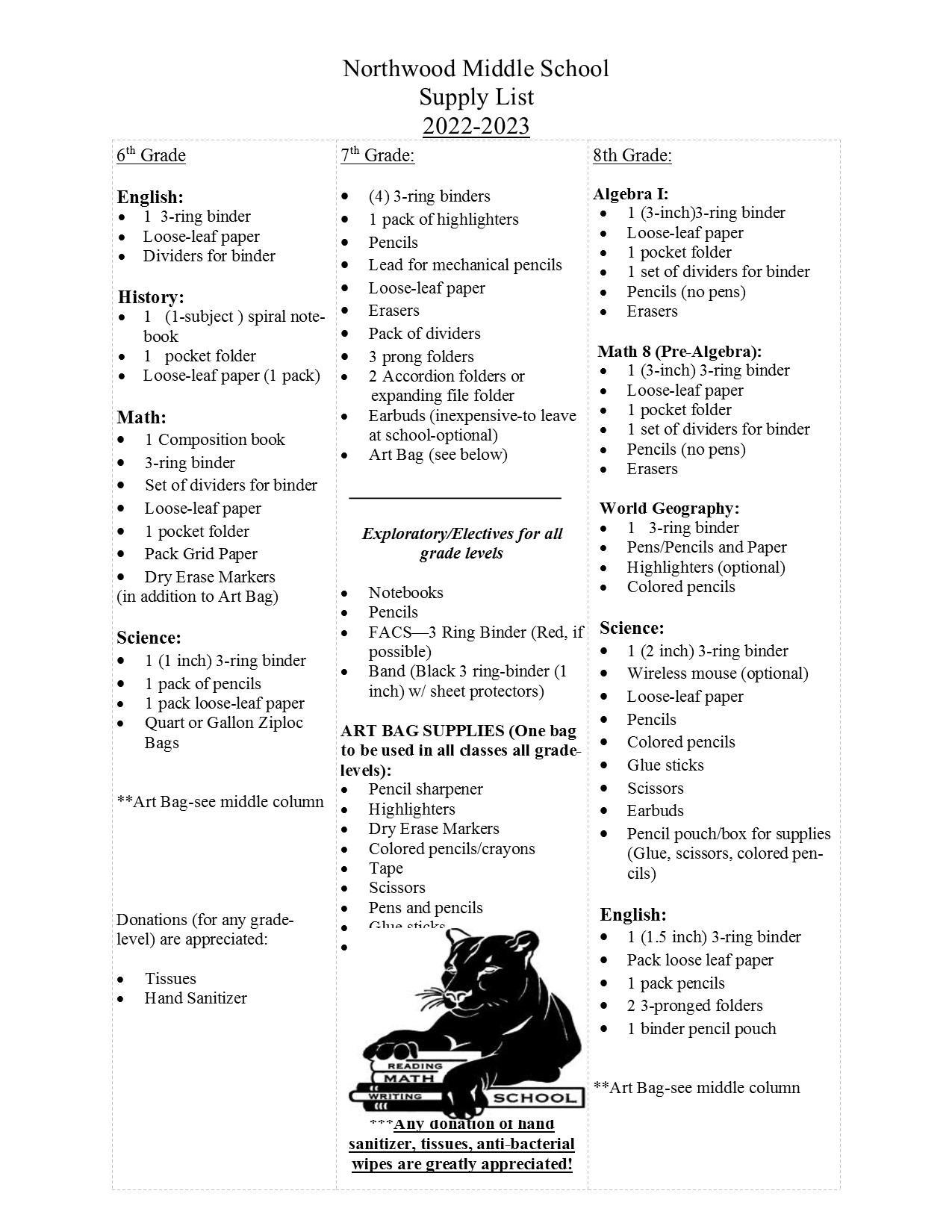 Supply List School Information Northwood Middle School Supply List School Information Northwood Middle School