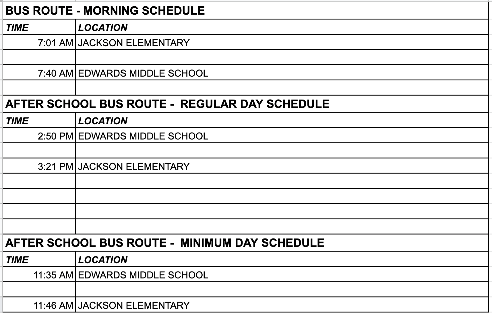 Bus Schedule Students Katherine Edwards Middle School STEAM Dual