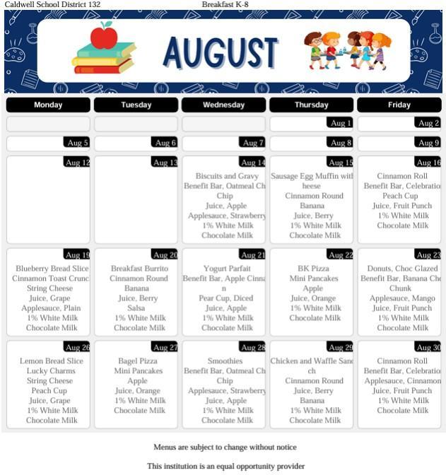 August Meals – Meal Menus – Jefferson Middle School
