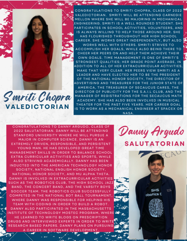 Congratulations to Smriti Chopra, Valedictorian, and Danny Argudo ...