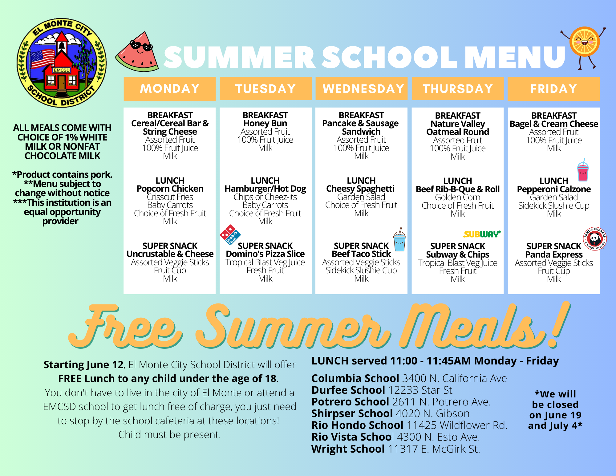 Menus & Meal Programs – Nutrition Services – El Monte City School District