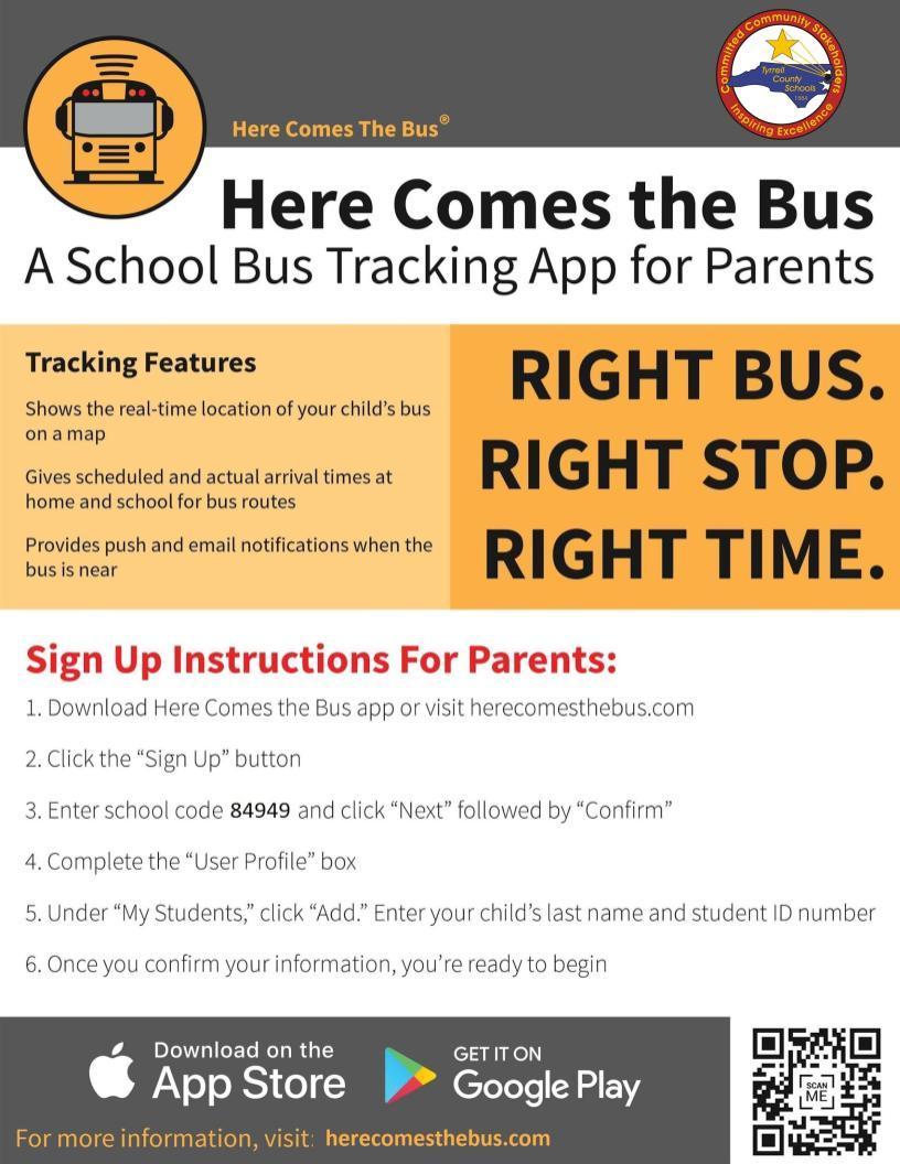 Here Comes the Bus App – Transportation – Tyrrell County Schools