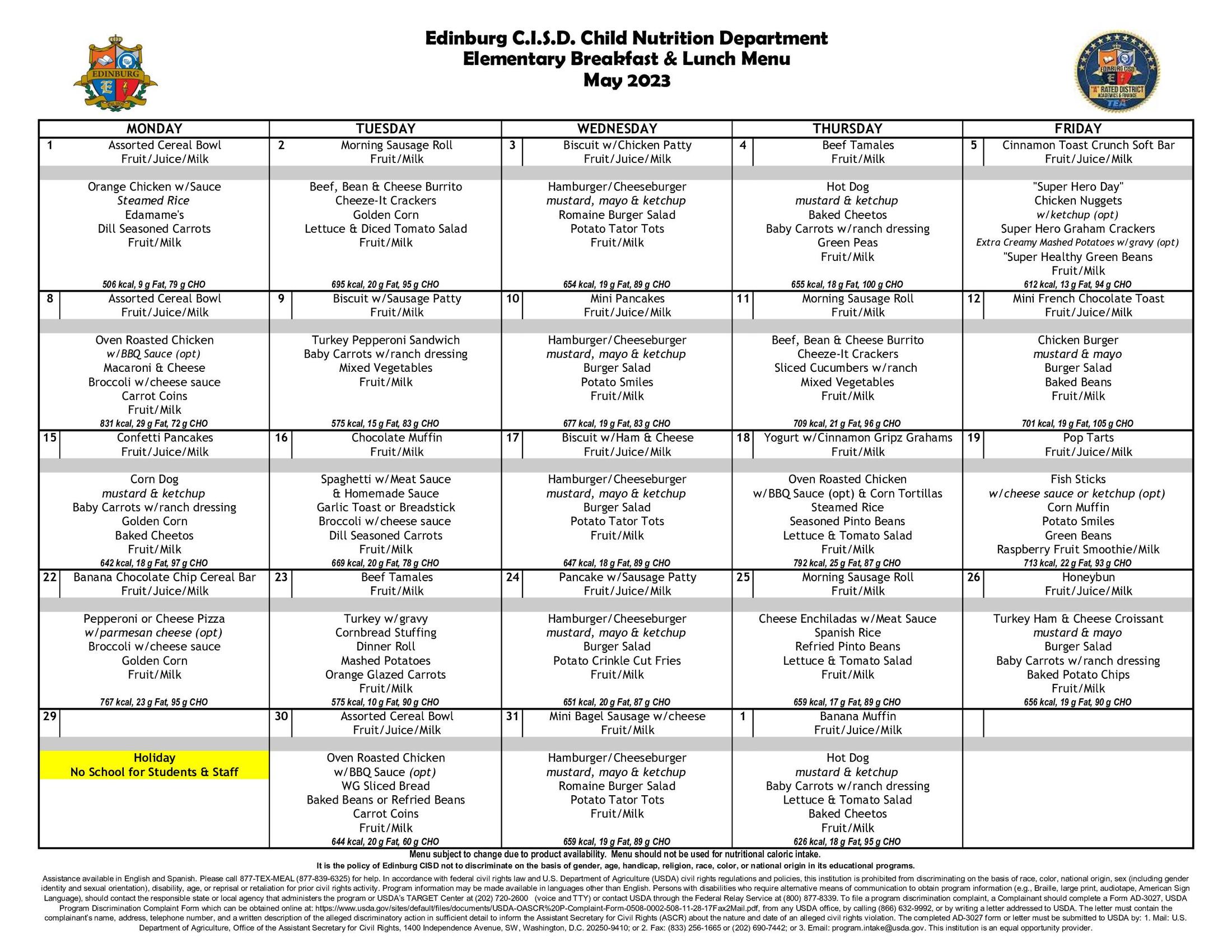 May Breakfast/Lunch Menu – Parents – Travis Elementary