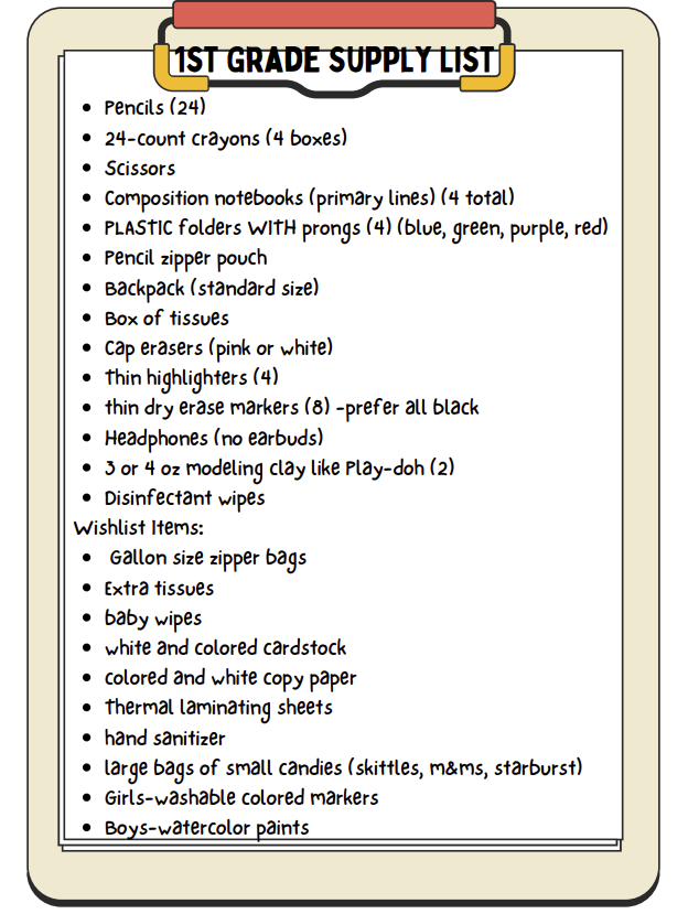 First grade supply list – Tara Bradley – Buchanan Elementary School