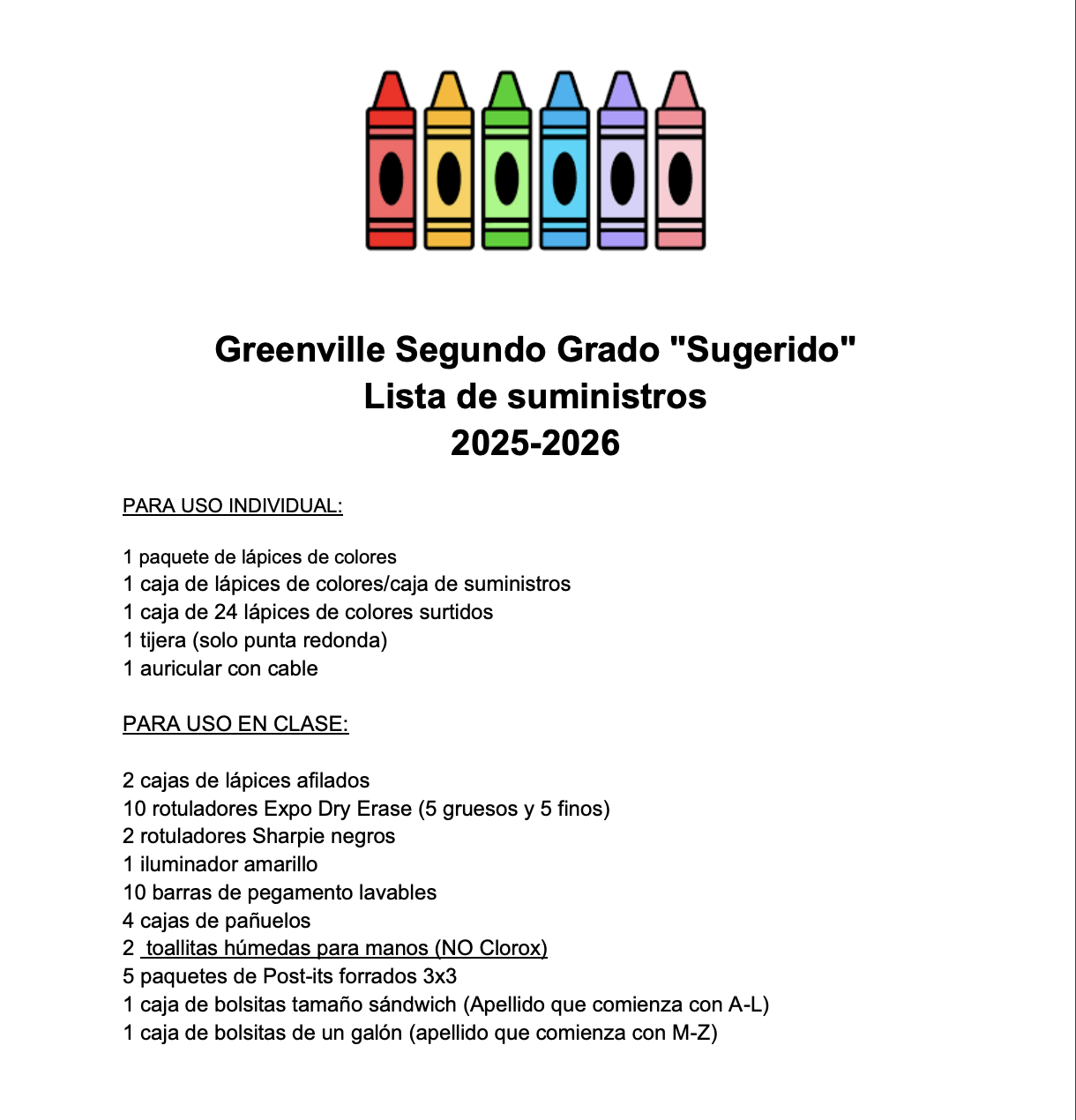 Supply List – Jessica Herring-Mascaro – Greenville School