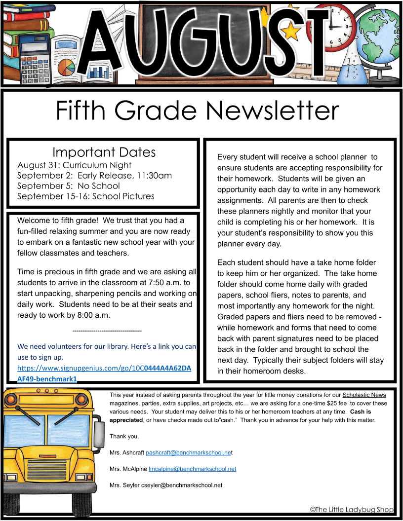 Newsletters – 5th Grade – Benchmark Preschool & Elementary School