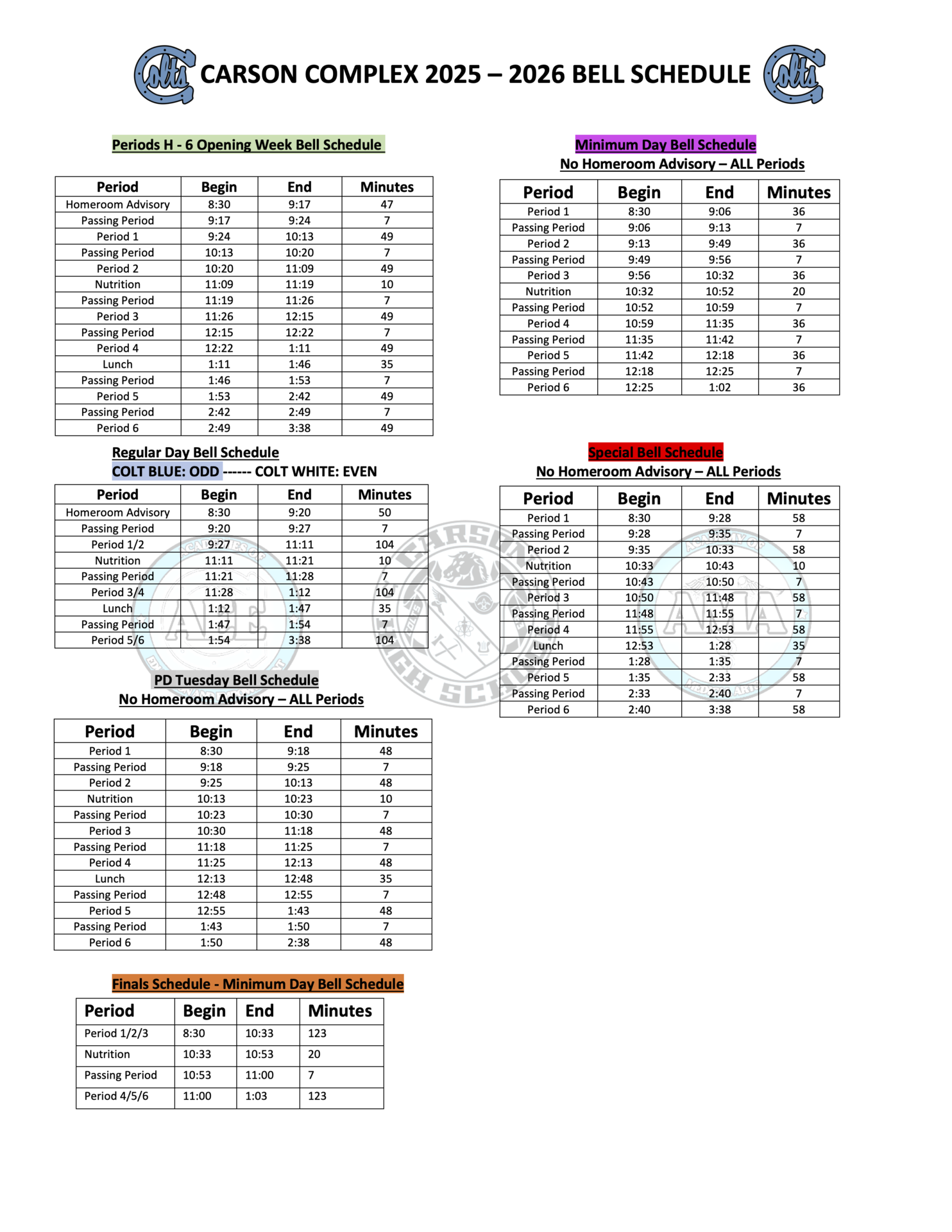 Bell Schedule – Students – Carson Senior High