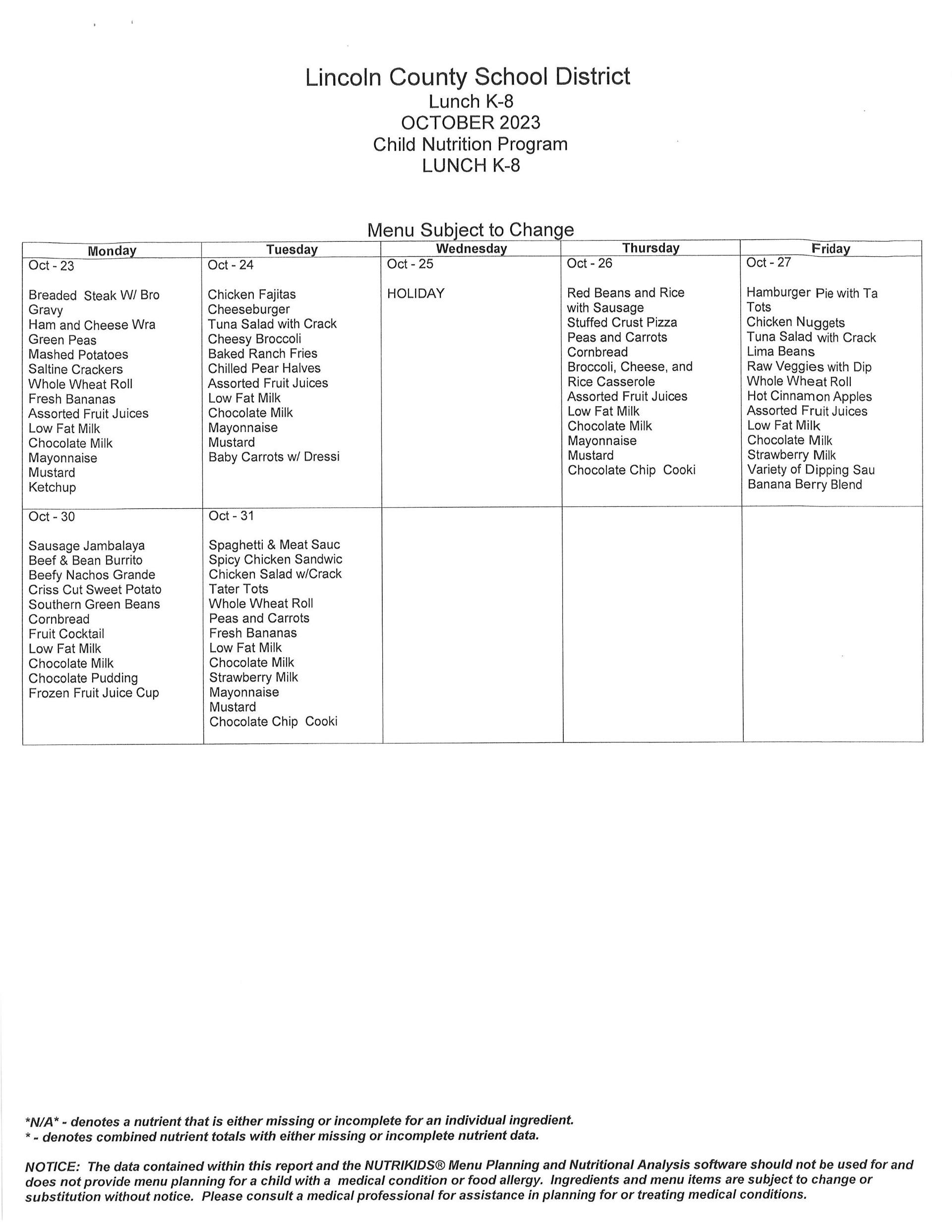 Breakfast & Lunch Menus – Child Nutrition Program – Lincoln County ...