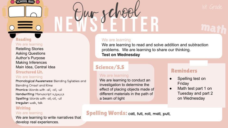 1st Grade – Weekly Newsletters – Whitehall Elementary School