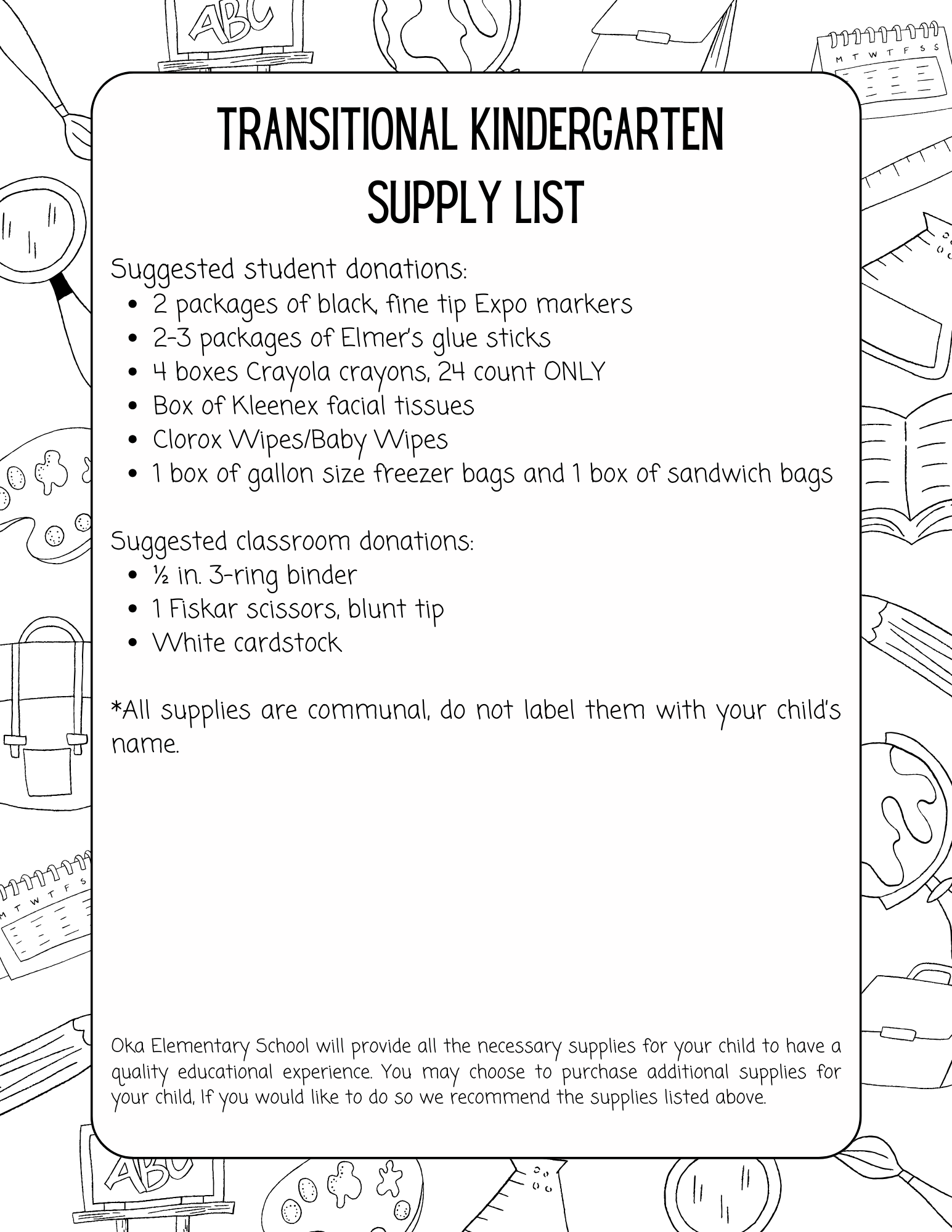 Supply List – Parents – Oka Elementary School