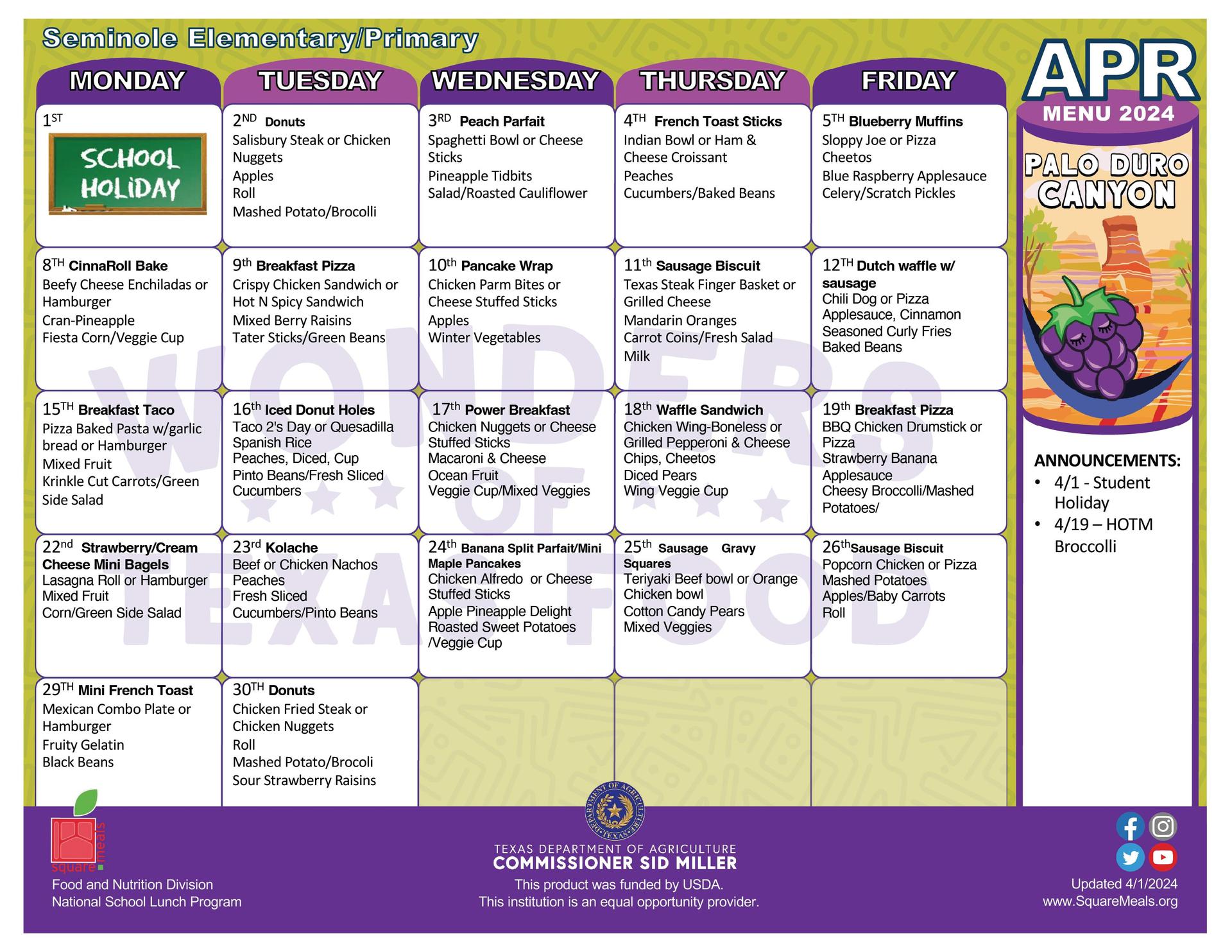 Seminole Primary & Elementary Menus - Child Nutrition - Seminole ISD