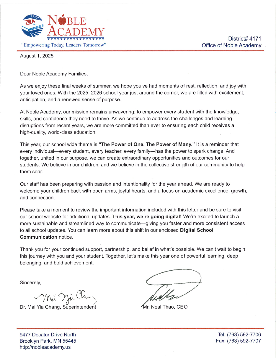 Welcome Letter – Parent Resources – Noble Academy