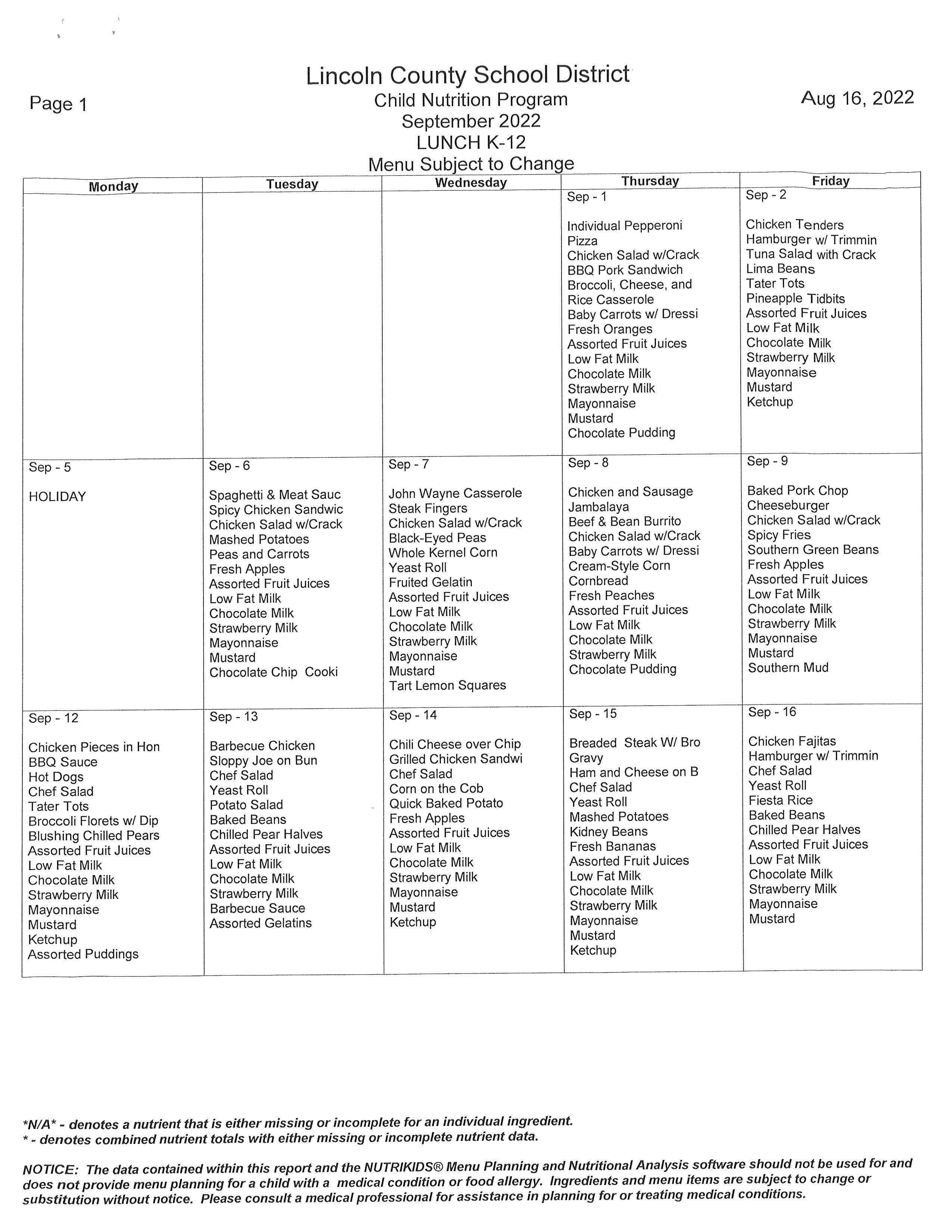 Breakfast & Lunch Menus – Child Nutrition Program – Lincoln County ...