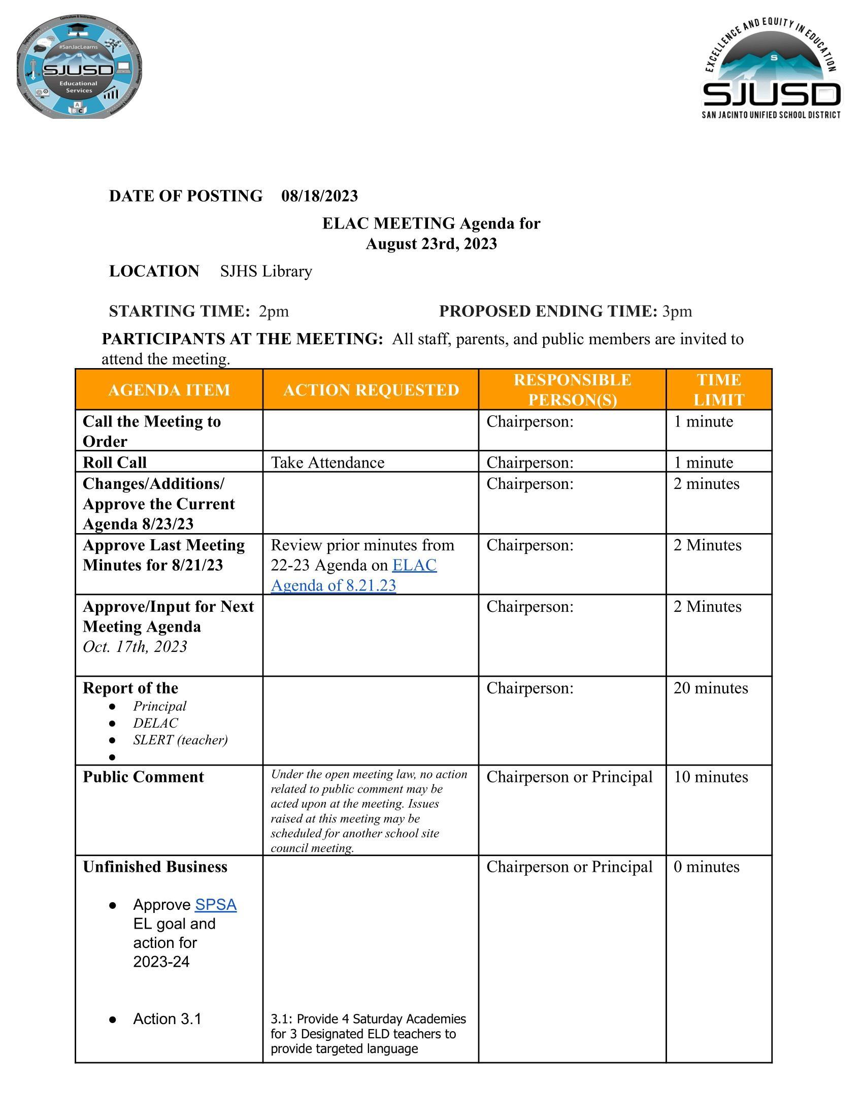 ELAC Agenda for August 23rd @ 2pm and School Site Council at 4pm | San ...