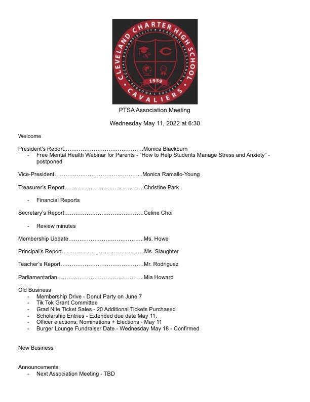 Upcoming PTSA Meeting – PTSA – Cleveland Charter High School