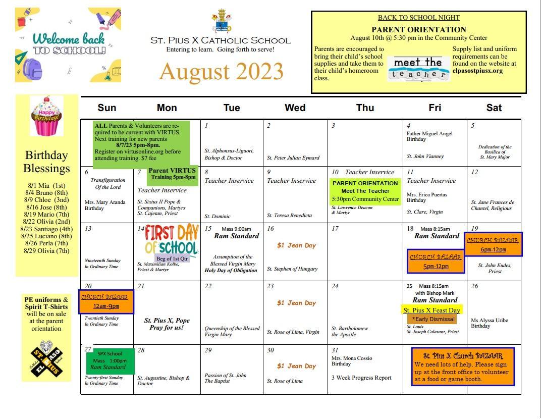 School Calendar – Parent Resources – St Pius X Catholic School