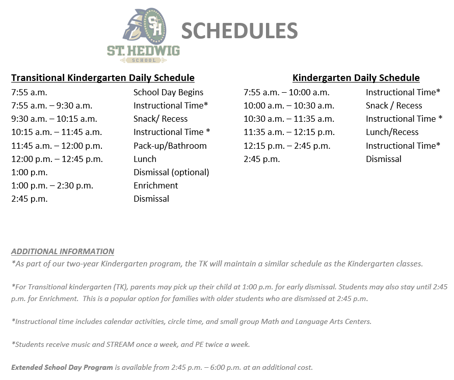 Schedule – Transitional Kindergarten (TK) /Kindrgarten Program – St ...