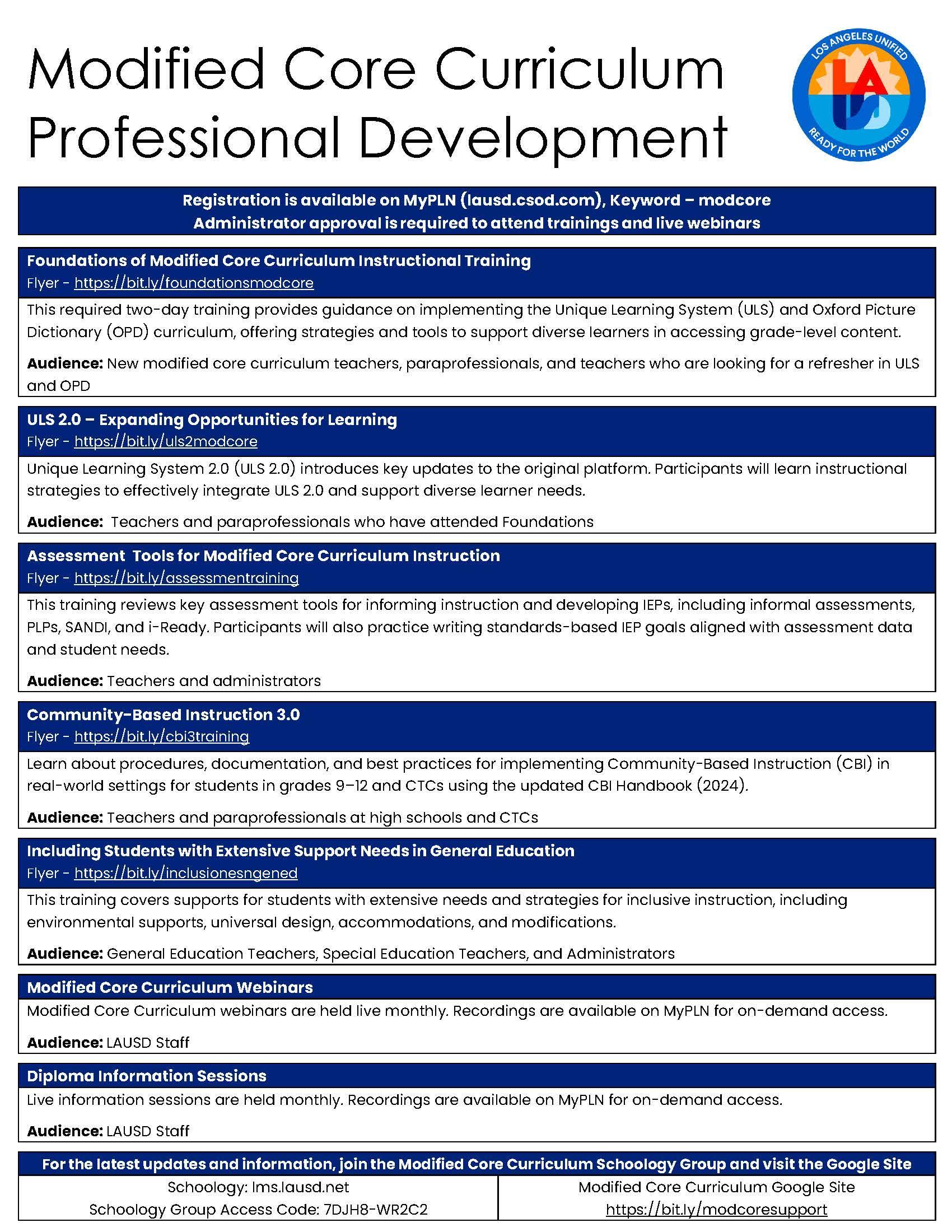 2025-26 Modified Core Curriculum Professional Development Opportunities ...