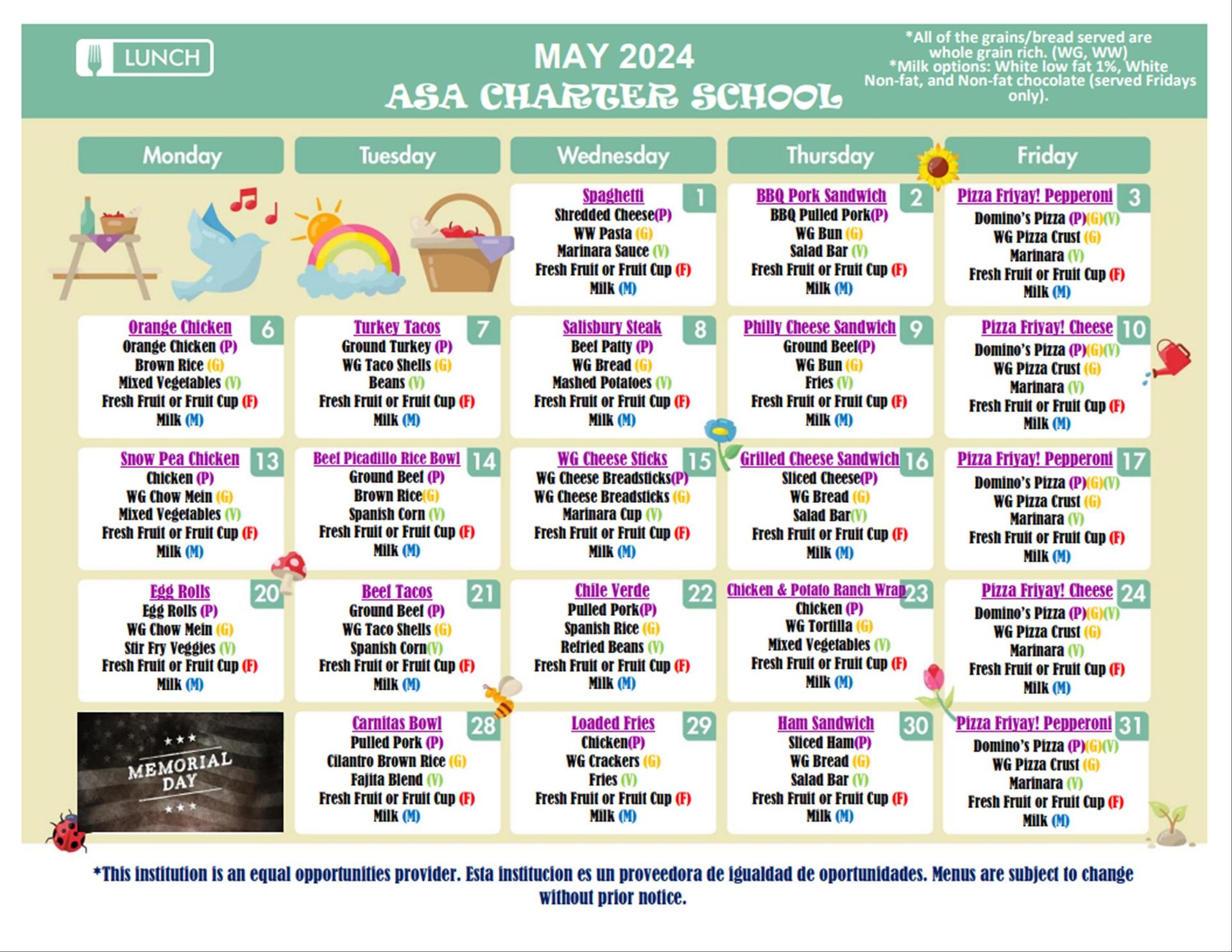 Menus – Nutrition – ASA Charter School