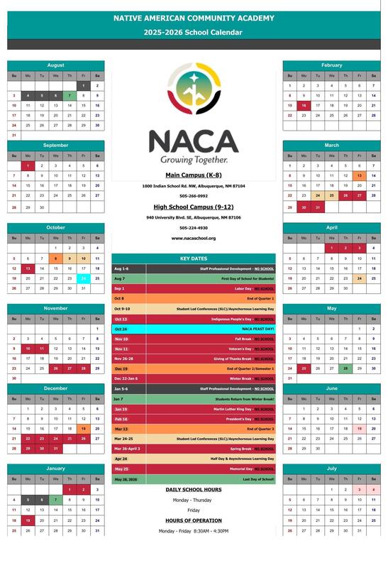 2025-2026 NACA School Calendar | Native American Community Academy