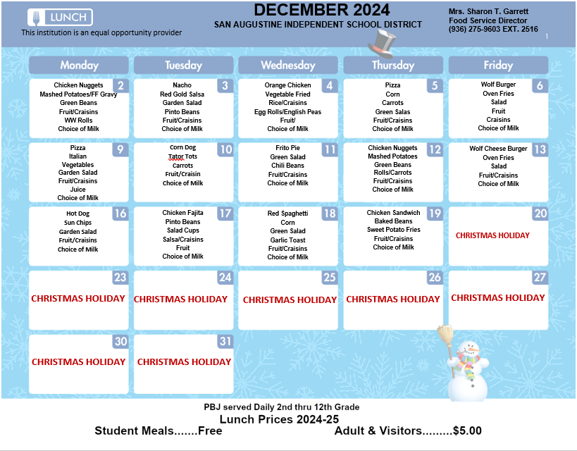 2024-25 School Menu – Menu – San Augustine Independent School District