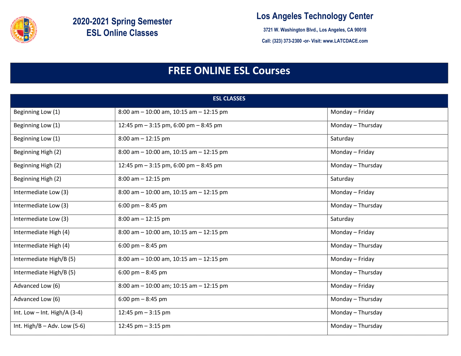 Class Schedule – Programs – Los Angeles Technology Center