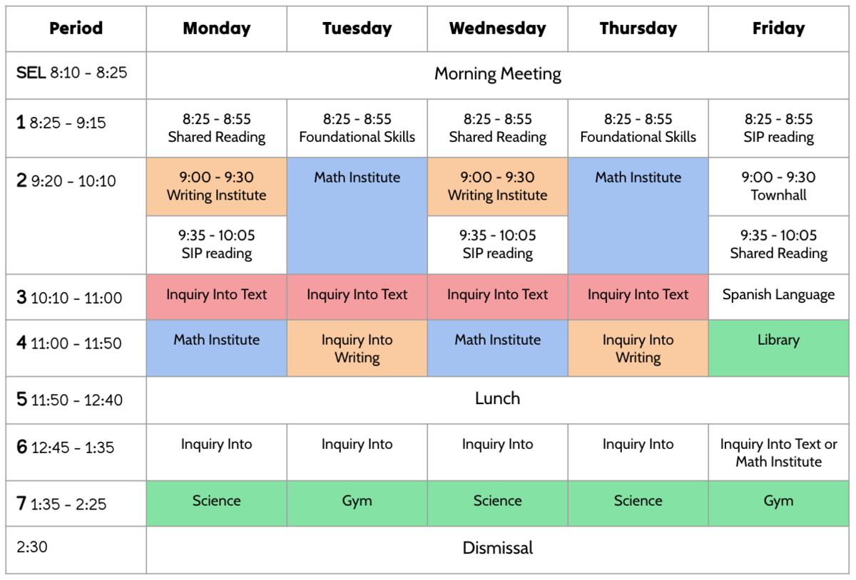 Schedule – Fifth Grade – P.S 287 Dr. Bailey K. Ashford School
