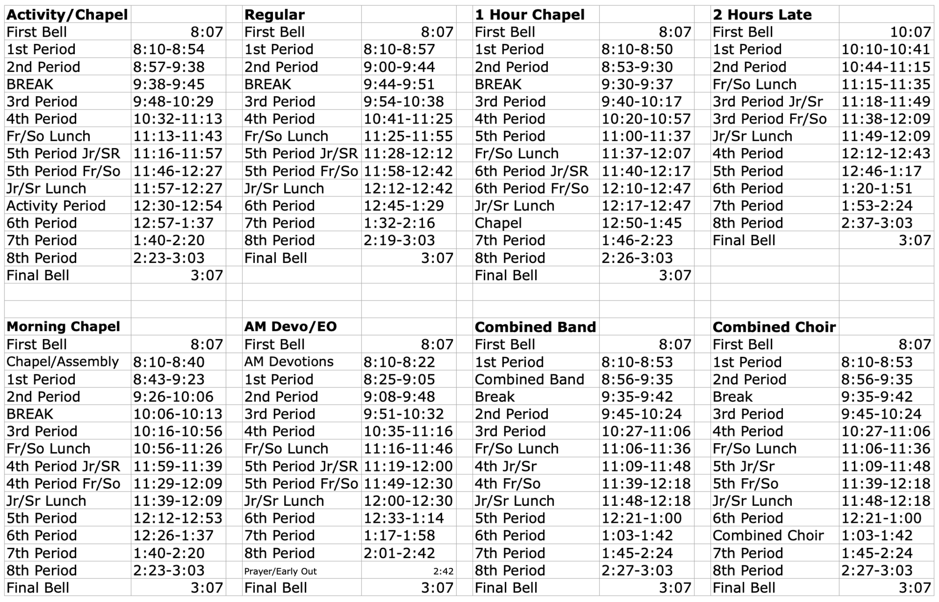 Bell Schedule High School 9 12 Southwest Minnesota Christian Schools