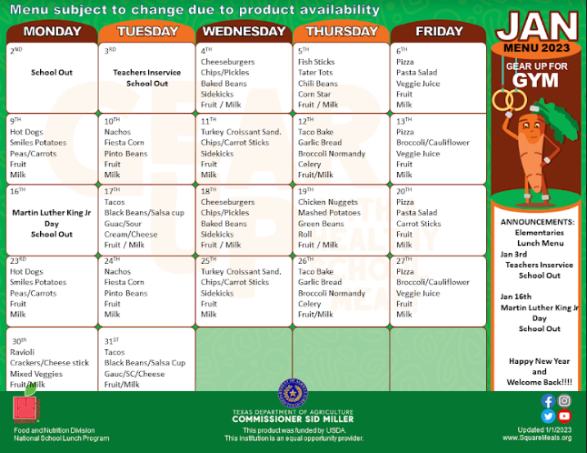 January Breakfast and Lunch Menus | Cumberland Academy Elementary