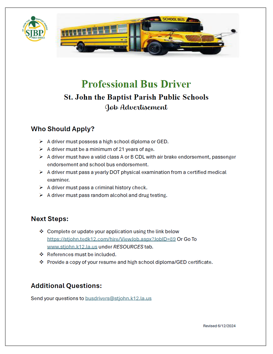 Professional Bus Driver St. John the Baptist Parish Public Schools Job ...