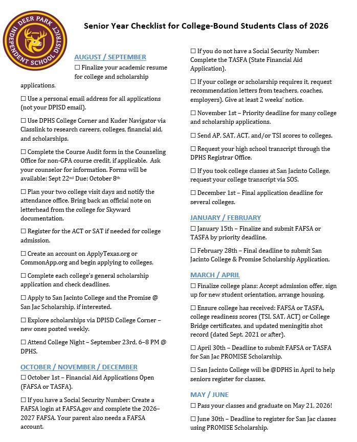 Senior/12th Grade To-Do List – College Corner – Deer Park High School ...