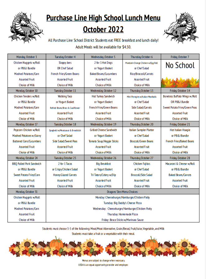 Lunch Menu – Cafeteria – Purchase Line Jr/Sr High School