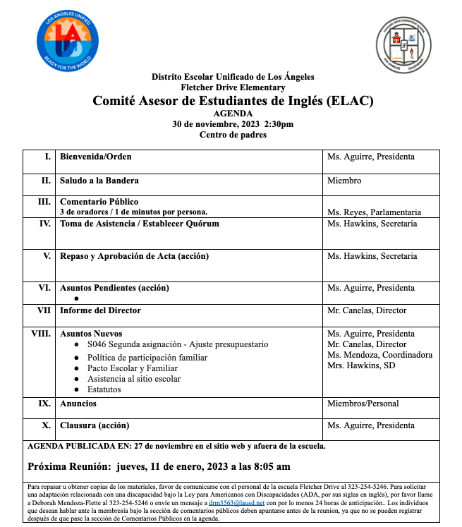ELAC / SSC Meetings – Parents – Fletcher Drive Elementary