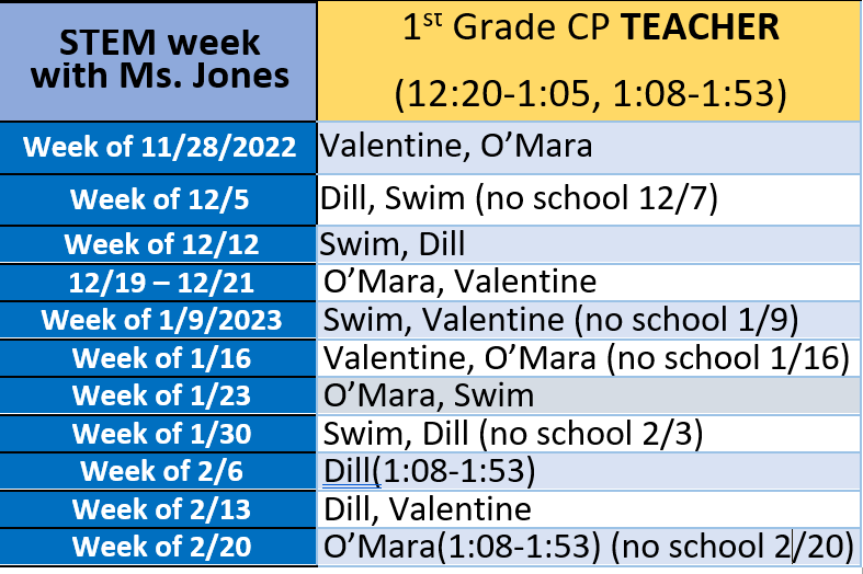 STEM Schedules – Grade 1 – Castle Pines