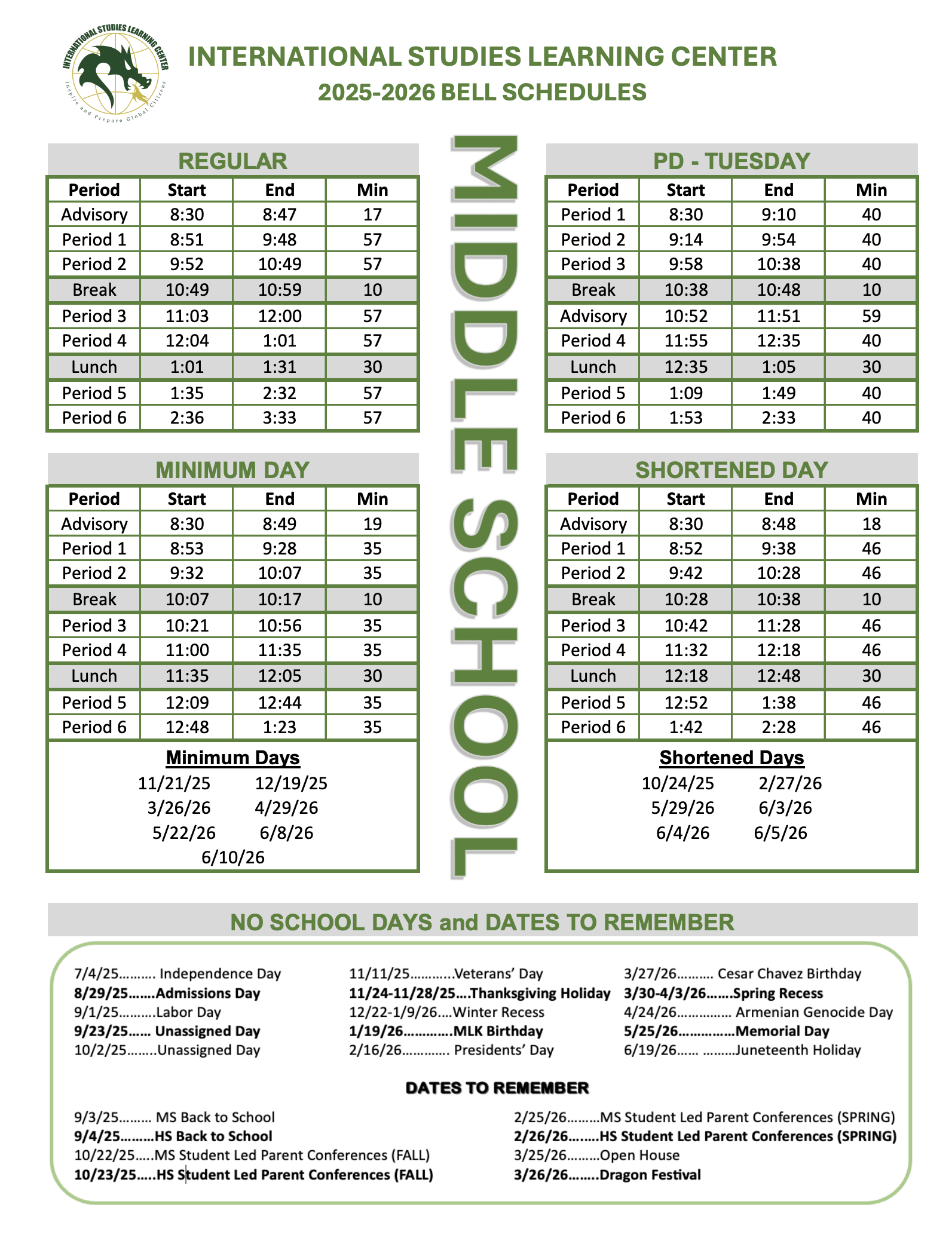MS Bell Schedules – Our School – International Studies Learning Center