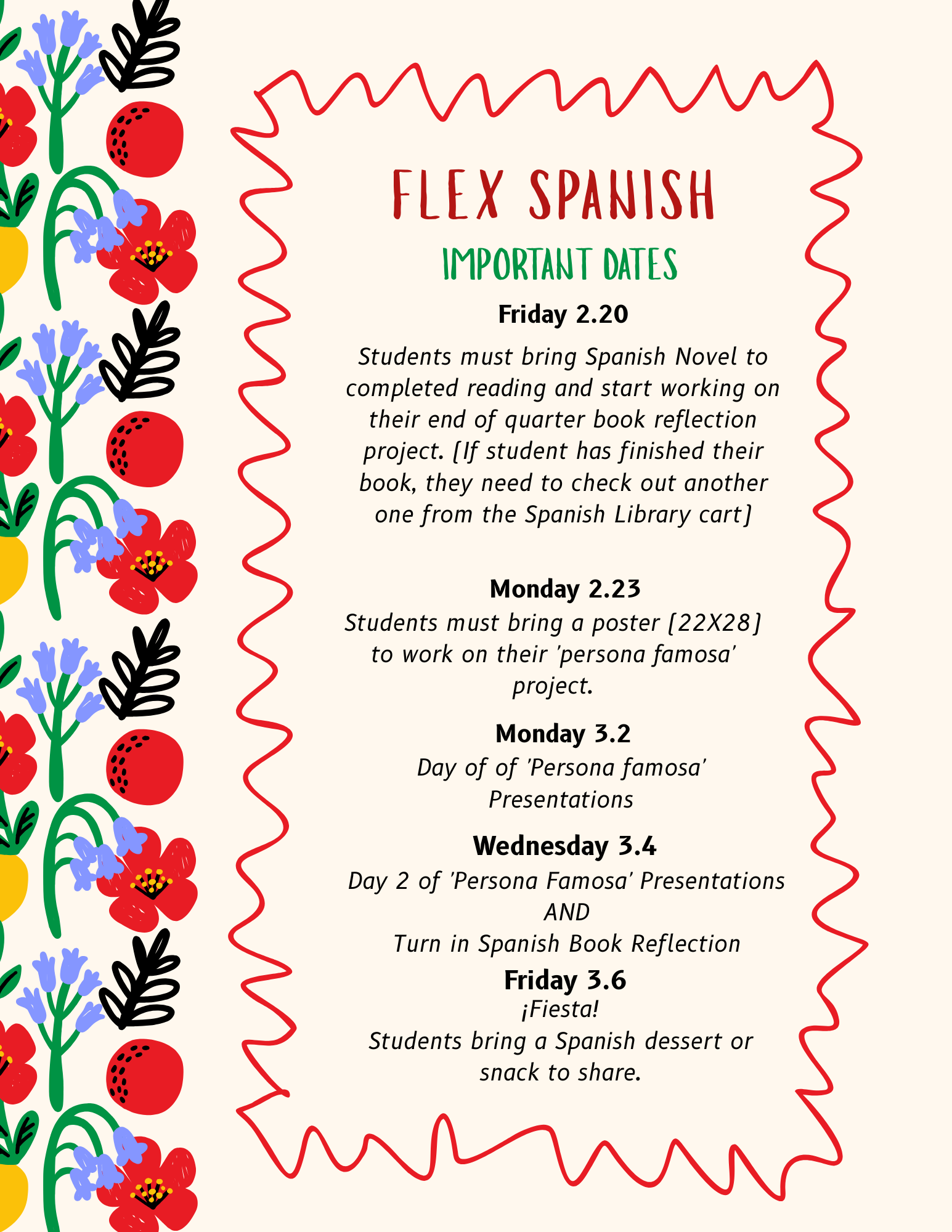 FLEX Spanish (6th grade) Calendar – Zaira Kime – Central Magnet School