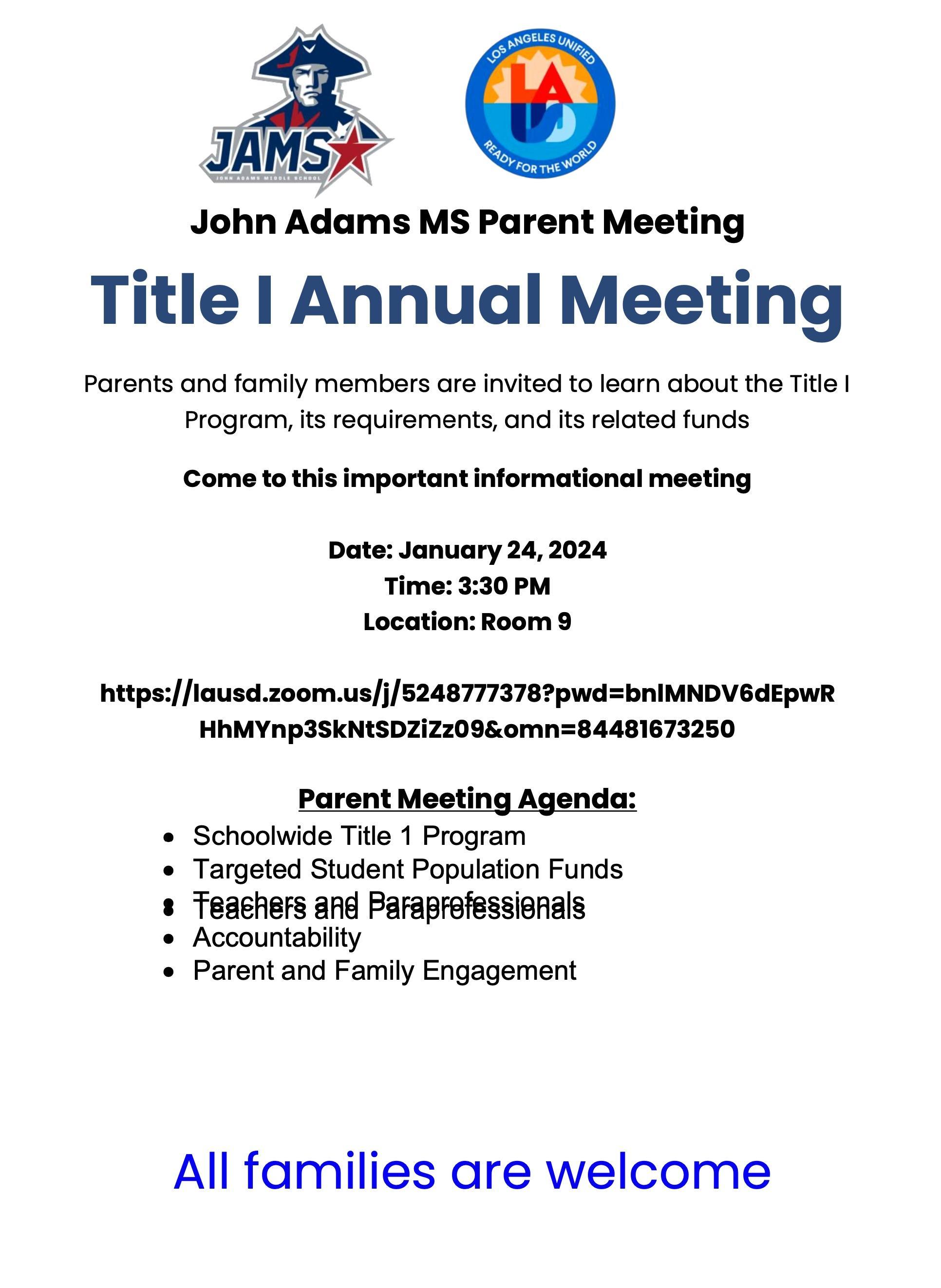 Annual Title 1 Meeting | John Adams Middle School