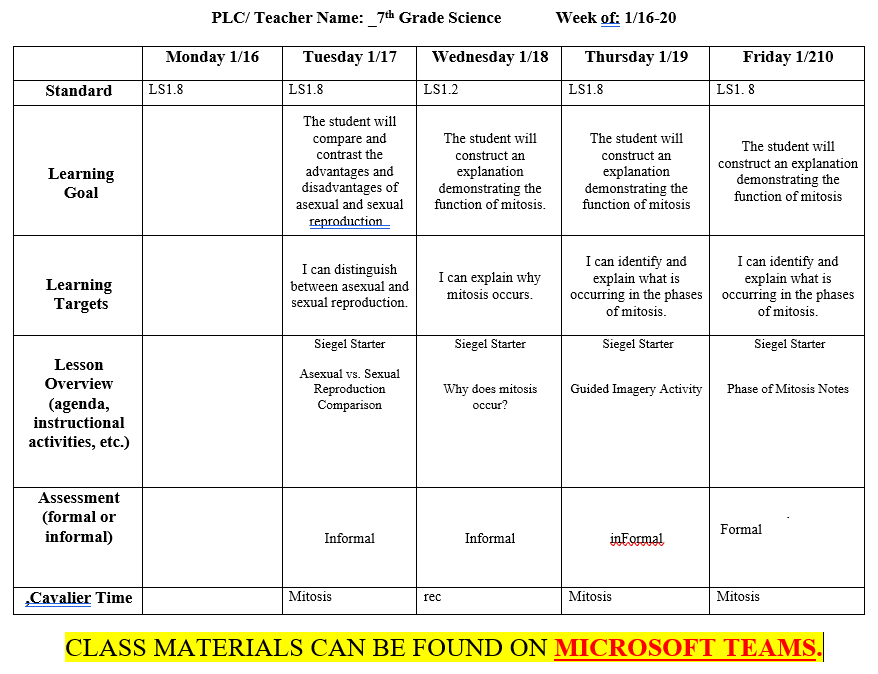 7C Science – Julie Melton – Siegel Middle School